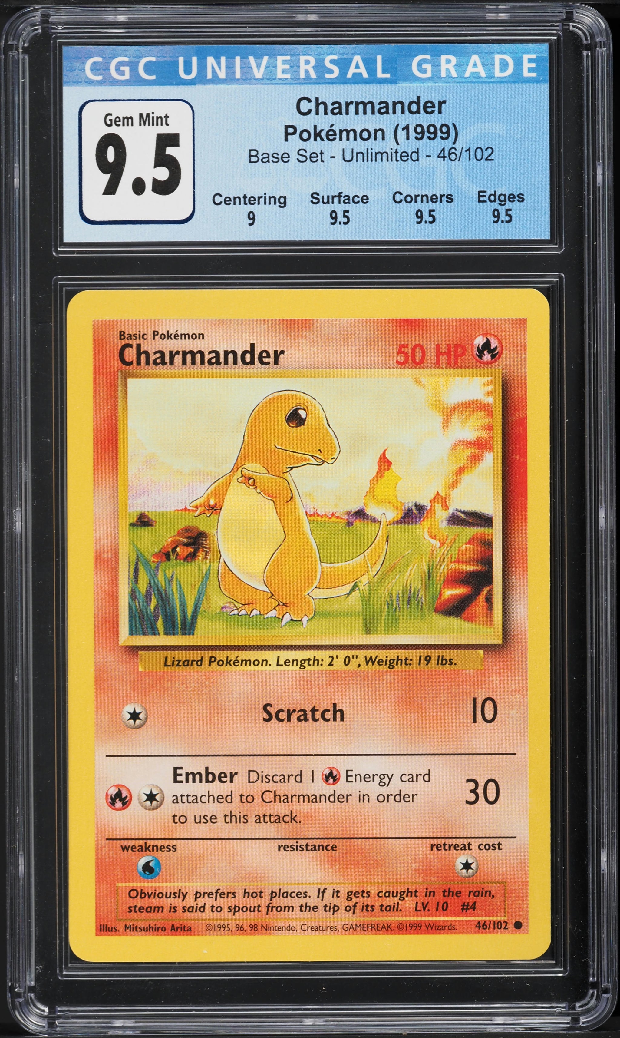 Carta Charmander Base Set 1999 Unlimited - Pokémon #46 CGC 9.5 Gem Min